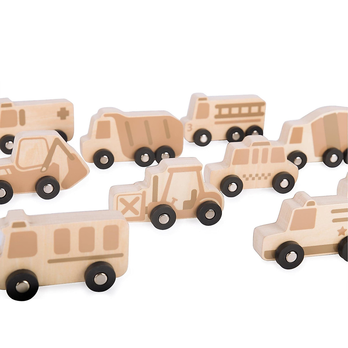 Guidecraft Mini Wooden Trucks - Set of 10: Toddlers Toy Set, Cement Mixer, Fire Truck, Police Car, Taxi Car, School Bus, Dump Truck, Ambulance, Fork Lift, Front Loader and Farm Truck Set