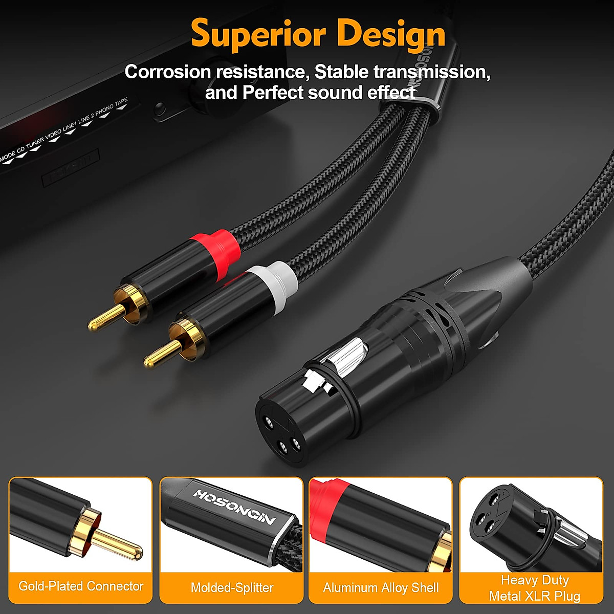 HOSONGIN XLR Female to Dual 2 RCA Male Y-Splitter Cable 3.3ft - Dual 2 RCA Male to 1 XLR Female Unbalanced Plug - Nylon Braided Jacket Gold-Plated Plug Double Shielding Cable, 3.3 Feet