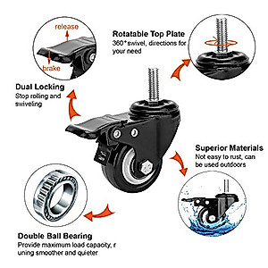2" Stem Caster Wheels with Safety Dual Locking 600Lbs Heavy Duty Threaded Stem Casters No Noise Swivel Castors with Brakes 3/8"- 16 x 1" (Set of 4)
