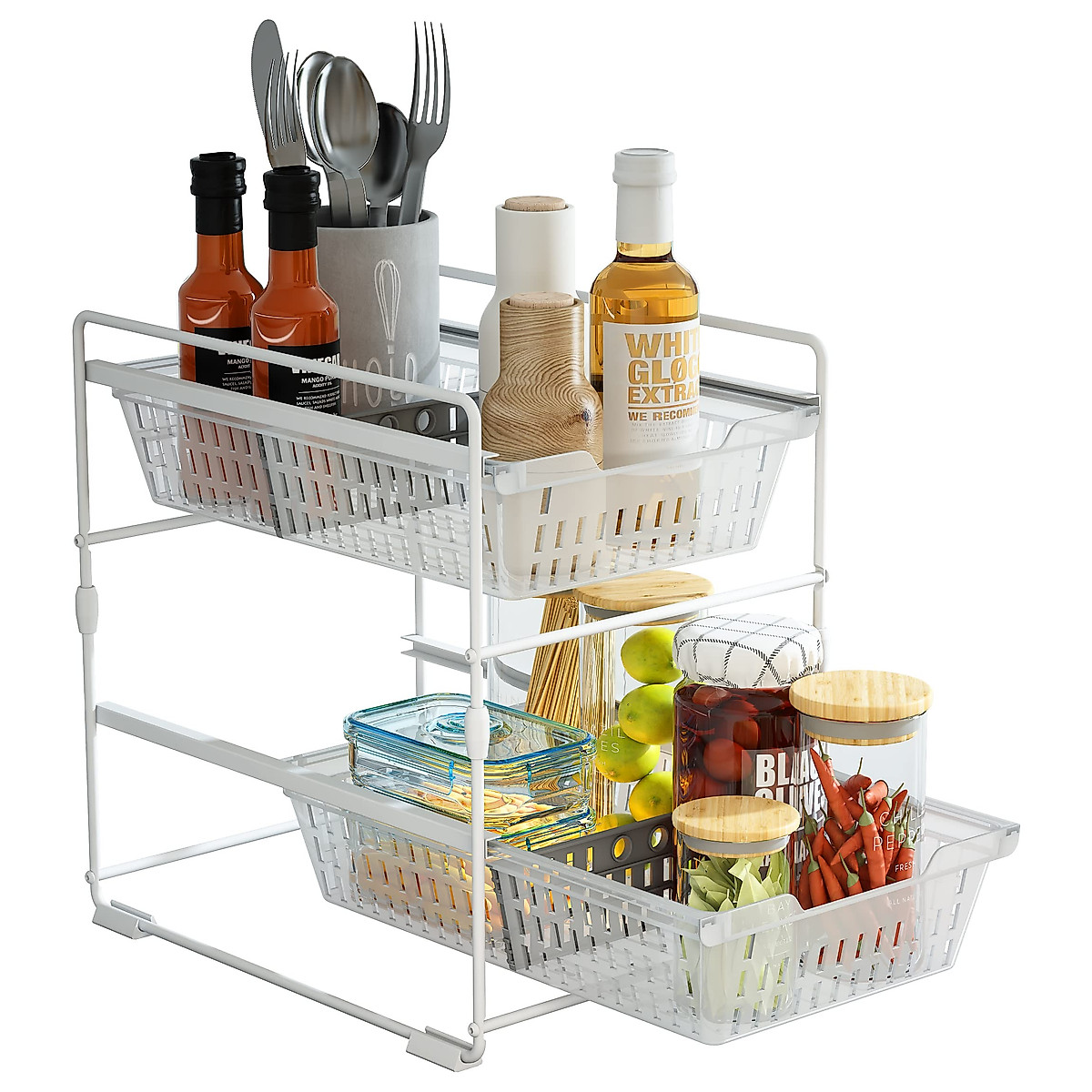 Under Sink Organizers and Storage,Bathroom Counter Organizer Shelf,2 Tier Pull Out Cabinet Organizer Baskets with Dividers,White