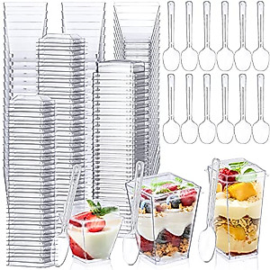 150 Pack 5.6, 3, 2 oz Mini Square Dessert Cups with Lids and Spoons Clear Plastic Parfait Cups Disposable Appetizer Cups Small Dessert Shooter Cups for Serving Party Pudding Fruit and Ice Cream