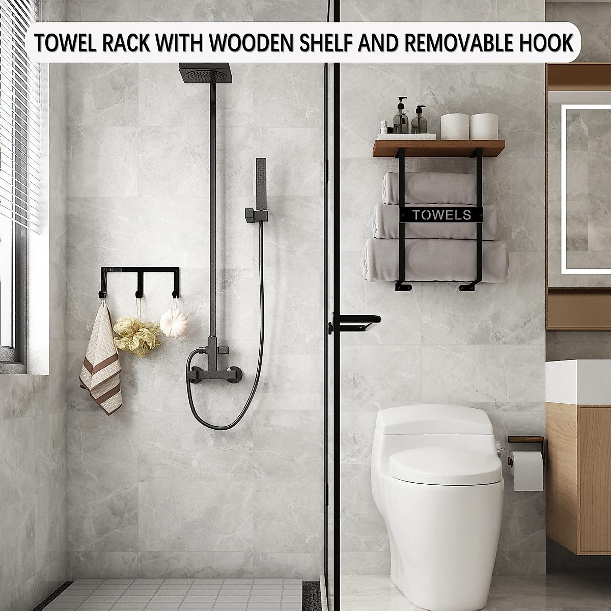 Towel Rack, ZUJJAFY Racks for Bathroom Storage Wall Mounted Holder Decor, Bath Organizer with Wooden Shelf and Hooks Rolled Towels Matte Black With ''Towels'' Logo