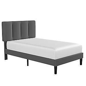 VECELO Twin Bed Frame with Upholstered Headboard, Platform Mattress Foundation with Strong Wooden Slats Support, No Boxing Spring Needed, Easy Assembly, Dark Grey