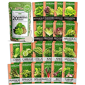 10,000+ Heirloom Lettuce Seeds for Planting Indoors - 95% Germination, Non-GMO Greens Seeds, (20 Varieties): Kale, Spinach, Butter, Oak, Romaine Bibb & More - Lettuce Seeds for Hydroponic Home Garden