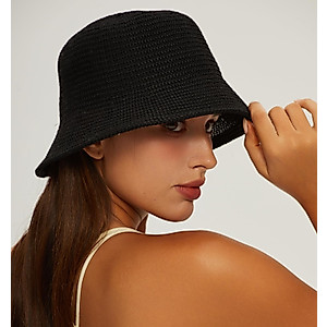 MEINICY Women Mesh Woven Bucket Hat Beach Hat Straw Sun Hat Fashion Foldable Packable Fishing Solid Black Hat for Spring Summer Autumn