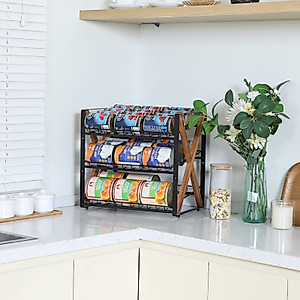 Stackable Can Rack Organizer, 3 Tier Stacking Can Storage Dispenser Wood Holder for Storing Canned Pantry Kitchen Cabinet or Countertop, for 36 Cans, Black