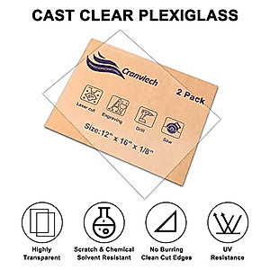 2 Pack Acrylic Sheets, Cranviech Clear Cast Plexiglass Sheet 12" x 16" x 1/8" Glass Alternative for Sign DIY Display Projects Photo Frame Craft Handcraft Painting