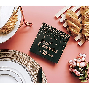 Rose Gold Foil Cocktail Napkins with Cheer 30 Years | Folded 5 x 5 Inches Disposable Party Napkins | 3-Ply Paper Beverage Napkins for 30th Birthday Decorations, Wedding Anniversary, Retirement, Black