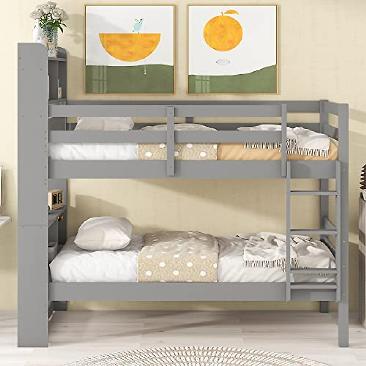 Twin Over Twin Bunk Beds, Wood Bunk Bed with Bookcase Headboard, Solid Wood Bed Frame with Safety Rail and Ladder, Kids/Teens Bedroom, Guest Room Furniture, Can Be converted into 2 Beds, Grey