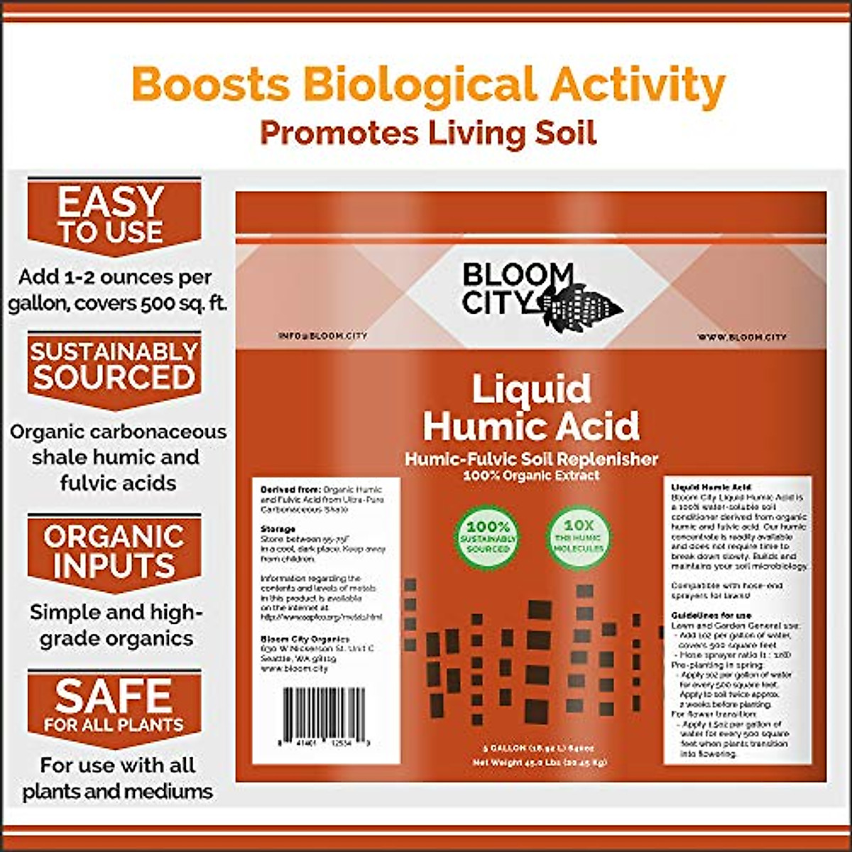 Organic Liquid Humic Soil Health Formula, Great for Houseplants, Gardens and Lawns, by Bloom City, Gallon (128 oz) Concentrated Makes 120+ Gallons