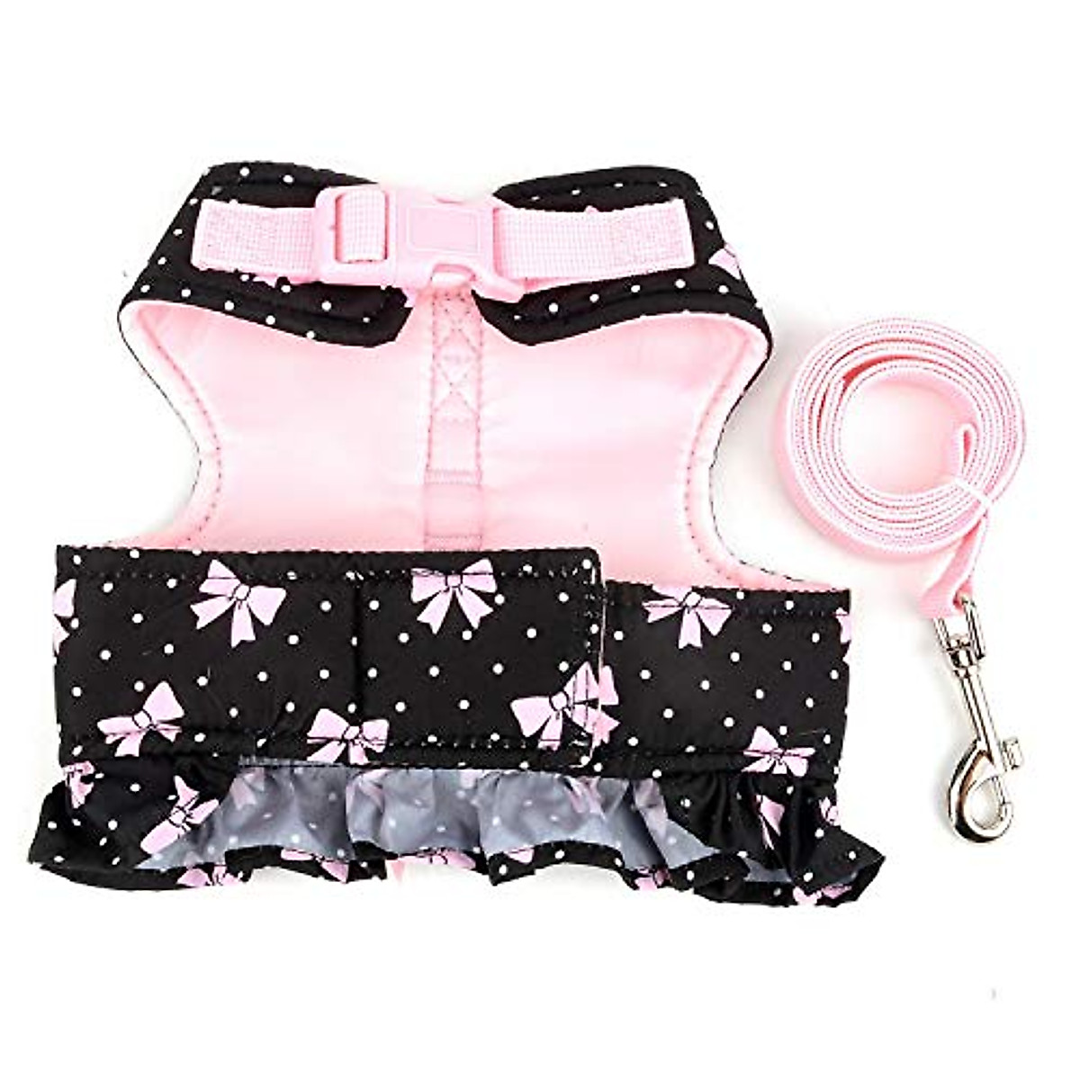 Zunea No Pull Small Dog Girl Harness Dress Escape Proof Cat Kitten Vest Harness Leash Set Step-in Soft Cotton Padded Polka Dot Jacket Chihuahua Puppy Clothes with Cute Bow for Walking Black M