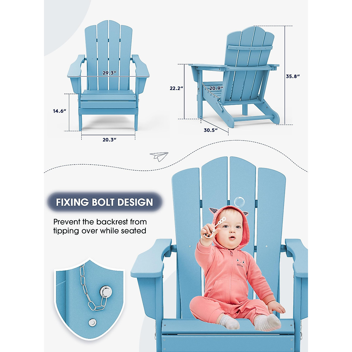 KINGYES Folding Adirondack Chair, HDPE All-Weather Folding Adirondack Chair, Light Blue