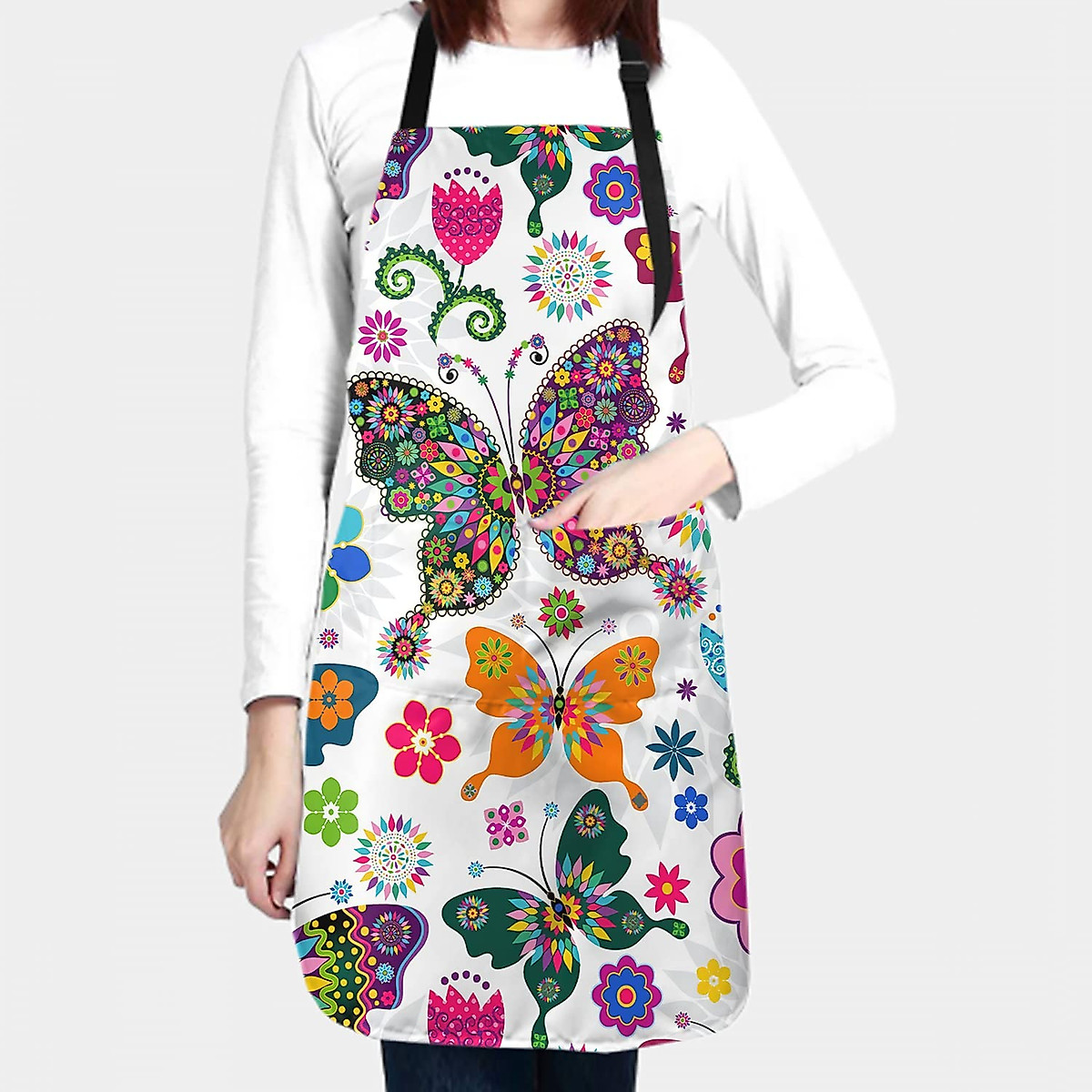 Kawani Colorful Butterflies and Flowers Apron Cute Art Adjustable Apron With 2 Pockets Abstract Aprons For Women Men Suitable For Kitchen Cooking Painting Grilling 28x33 Inch