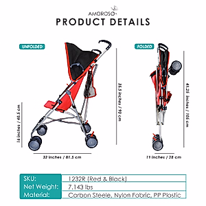 AmorosO Single Umbrella Stroller for Toddler, Travel Stroller for Babies - Sunlight and Light Rain Protection - Baby Stroller with Four EVA Wheels - Travel-Ready Stroller - Round Canopy (Red/Black)