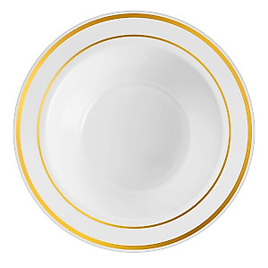 BloominGoods 50 Disposable White Gold Trim Plastic Dessert Bowls | SMALL 6 oz. Premium Heavy Duty Disposable Dinnerware with Real China Design | Safe & Reusable and Great for Parties (50-Pack)