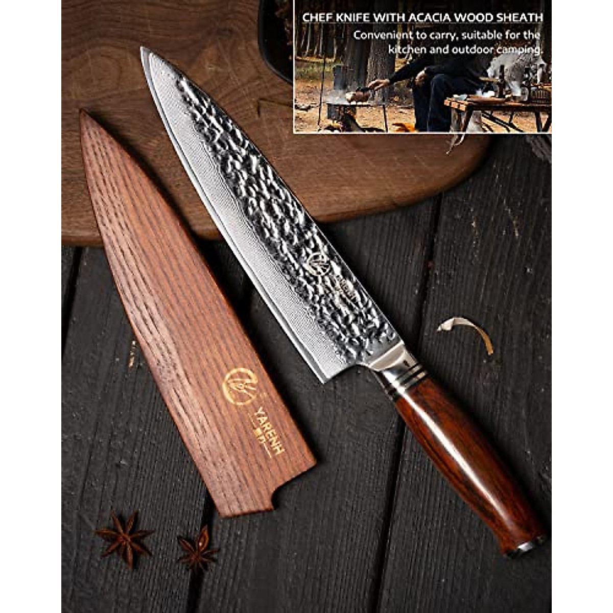 YARENH Chef Knife 8 Inch with Wood Sheath, Japanese Damascus High Carbon Stainless Steel, Full Tang Sandalwood Handle, Professional Kitchen Knife