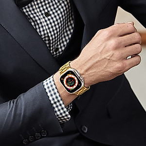 HITZEE Compatible with Apple Watch Ultra Band 49mm Business Stainless Steel Metal Strap Men Women Link Bands with Case Compatible for Apple Watch Ultra 2 Ultra, 49mm Gold