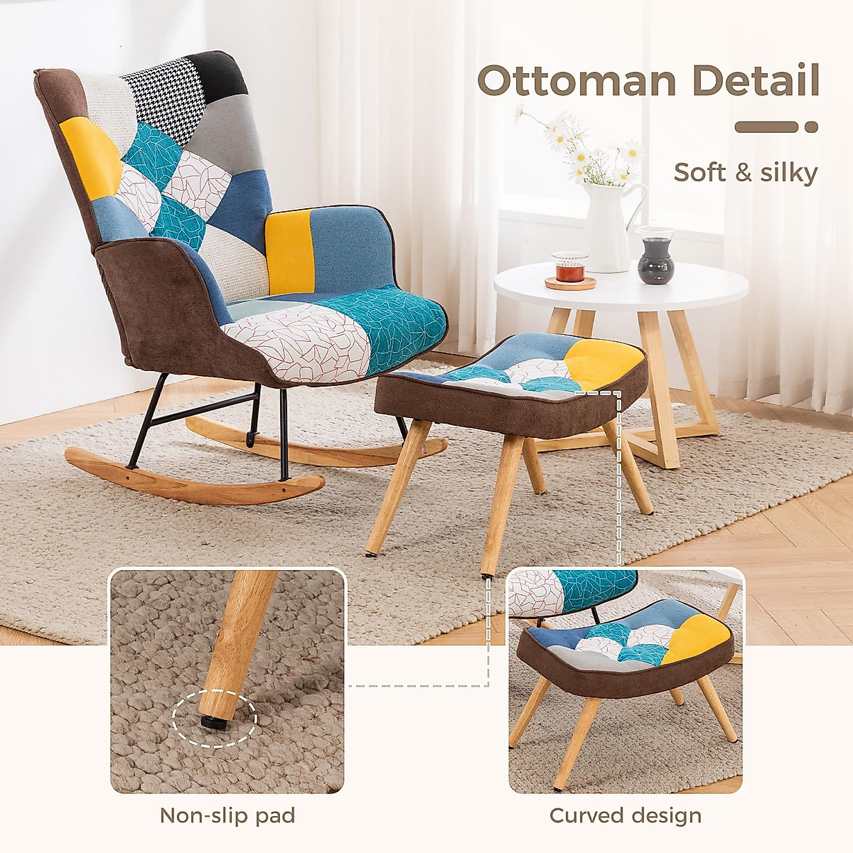 Unovivy Rocking Chair with Ottoman, Upholstered Nursery Armchair with Foot Rest, Nursing Glider Rocker with Backrest & Wooden Base, Small Gliding Seat for Bedroom, Living Room, Balcony