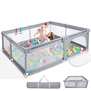 Large Baby Playpen, 71x59 Extra Large Baby Playard for Toddler, Playpens for Babies, Sturdy Safety Kids Activity Center, Baby Gate Playpen with Breathable Mesh 2 Handles（Light Gray）