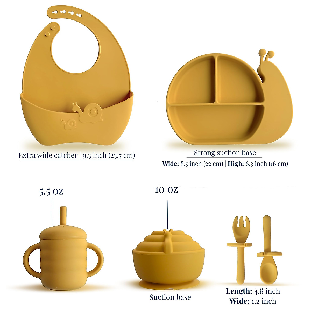 Tumtots - Premium Quality Silicone Baby Feeding Set & Baby Led Weaning Supplies Attractive Self Feeding Design with Strong Suction Plate & Suction Bowl, Stylish Bib, Sippy Cup, Spoon & Fork Utensils