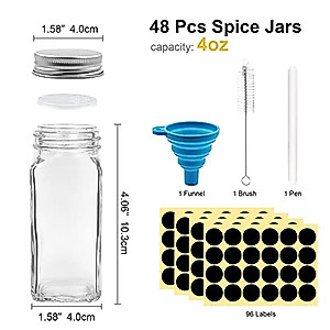 48 Pcs Glass Spice Jars Bottles, Cookmaster 4oz Empty Square Spice Containers with 96 Black Labels - Shaker Lids and Silver Metal Caps - 1 pcs Silicone Collapsible Funnel and 1pcs Brush Included
