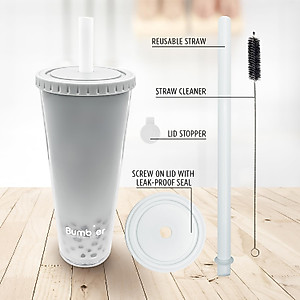 Bumbler 24oz Large Reusable Portable Eco-Friendly Tumbler | Drinking Cup with Wide Soft Tip Straw, Aesthetic Leak-Proof Lid – for Boba Tea, Smoothies, Iced Coffee, Hot or Cold Drinks – White