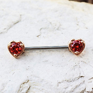 Covet Jewelry Rose Gold Plated Red CZ Heart Nipple Bar