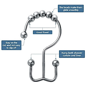 Titanker Shower Curtain Hooks Rings, Rust-Resistant Metal Double Glide Shower Hooks for Bathroom Shower Rods Curtains, Set of 12 Hooks - Chrome