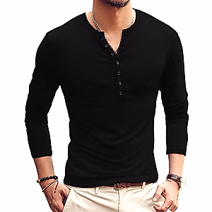 YTD Mens Casual Slim Fit Basic Henley Long Sleeve Fashion T-Shirt XXL Black