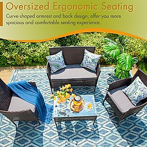 PHI VILLA 4 Pieces Outdoor Furniture Set, Wicker Loveseat & Chairs with Thick Gray Cushions & Glass Coffee Table, Modern Sectional Conversation Sofa Set for Patio, Deck, Yard, Porch