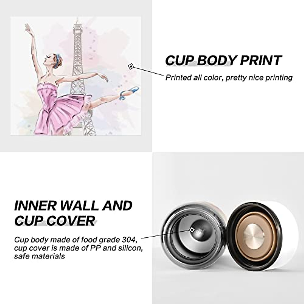 CaTaKu Eiffel Ballet Dancer Water Bottle Insulated 16 oz Stainless Steel Flask Thermos Bottle for Coffee Water Drink Reusable Wide Mouth Vacuum Travel Mug