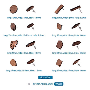 Pandahall 16 Pairs Wood Stud Earring Findings with Hole Flat Round Oval Teardrop Rhombus Wood Stud Earring with Ear Nuts for DIY Wooden Earrings Making