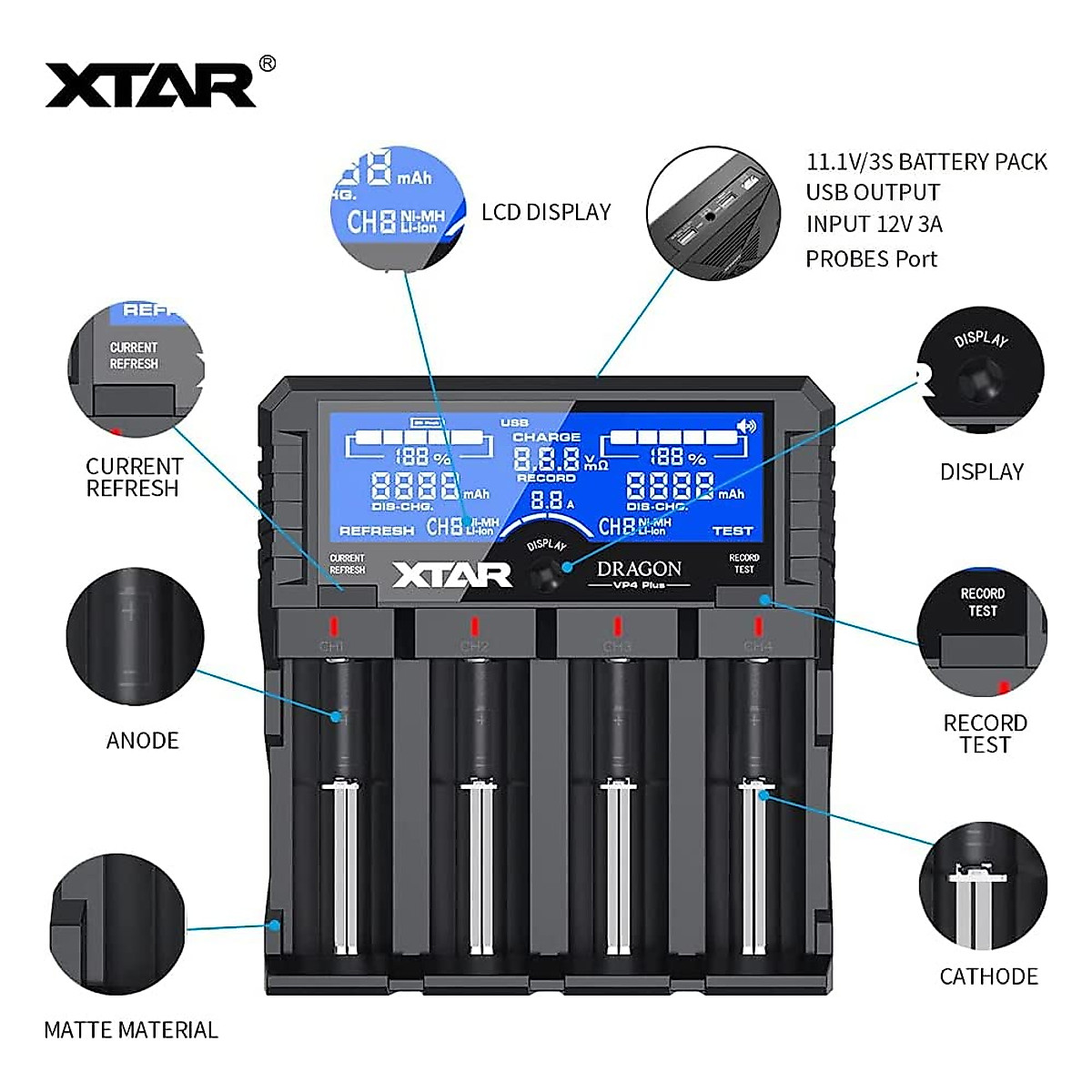 XTAR Dragon VP4L Plus Professional 18650 Capacity Tester Universal 18650 Charger for Rechargeable Batteries Li-ion 21700 26650 14500 16340 Ni-MH AA AAA D with USB Output and Battery Repair Function