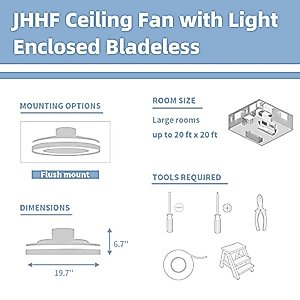 Ceiling Fan with Lights Remote Control,Dimmable Fan Lighting, 20'' Enclosed Bladeless Fan, Semi Flush Mount,2.4GHz Wi-Fi Bluetooth & App Controlled Works with Alexa and Google Assistant (Matte White)