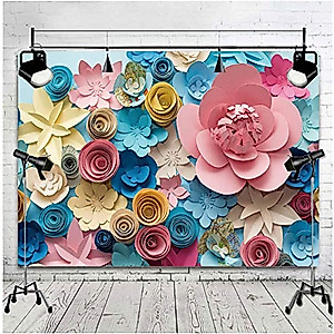 GYA 7x5ft 3D Colorful Paper Flowers Backdrop Mother's Day Pink Rose Hand-Make Flower Background Baby Shower Birthday Girl Adults Bachelorette Bridal Shower Wedding