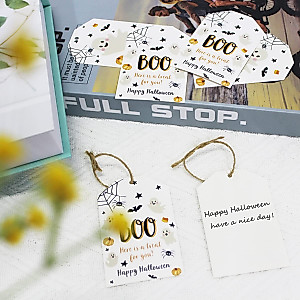 Halloween Tag Decoration 50PCS Halloween Ghost Tag with Jute String Trick or Treat Happy Boo Day for Halloween Party Gift Wrapping Candy Bag Decoration