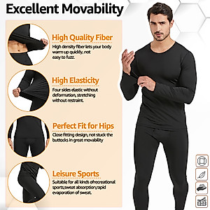 UNIQUEBLLA Long Johns Thermal Underwear Set for Men Thermal Base Layer Cold Weather Bottom Top Black