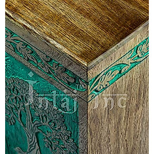 INTAJ Cremation Urn for Human Ashes - Wooden Urn Box for Ashes Handcrafted - Tree of Life Memorial Urn Funeral Cremation Urns (L(11.25x6.25) 250Cu, Teal Green)
