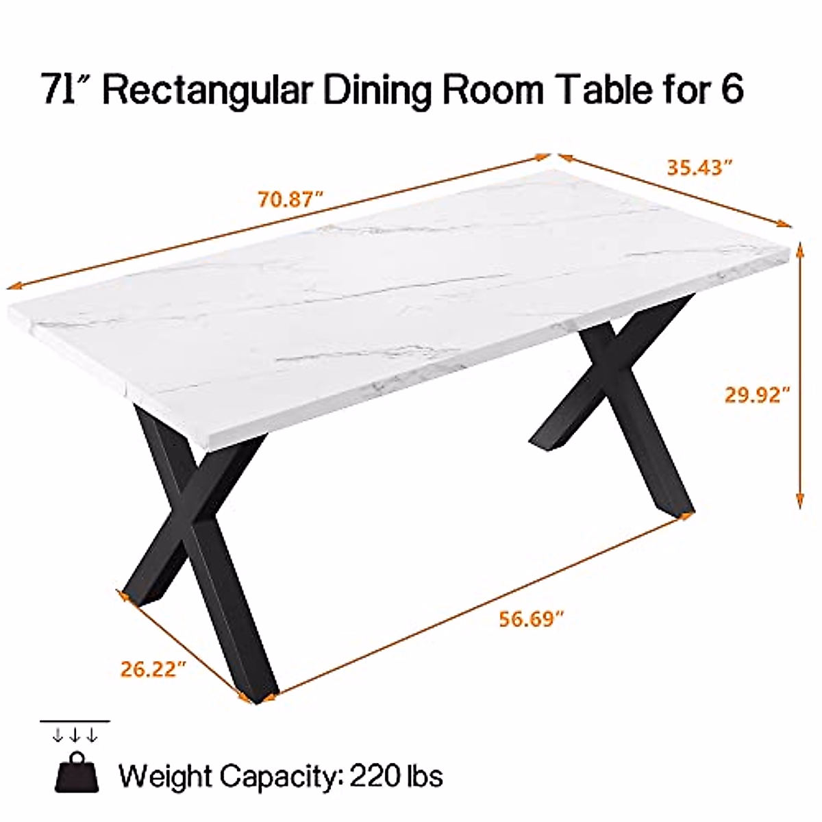 Henf 71" Dining Table for 6-8 People Luxury Faux Marble Kitchen Table Rectangular Dining Room Table with Double X-Shape Metal Base, Large Long Dinner Table for Kitchen Dining Room (White & Black)
