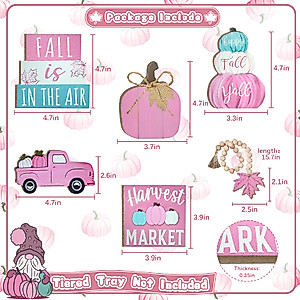 Guoofu Pink Fall Tiered Tray Decor, Farmhouse Pumpkin Tray Decorations, Cute Pumpkin Trucks Maple Leaf Wooden Signs Beads Garland, Autumn Thanksgiving Harvest Home Decor for Tabletop Shelf Mantel