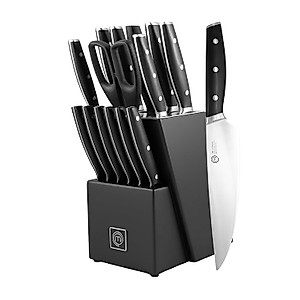 MasterChef Kitchen Knife Set with Block and Sharpener Plus Scissors, 15pc Chef Knife Set of Professional Grade Kitchen Knives with Sharpened High Carbon Stainless Steel Blades & Triple Riveted Handles