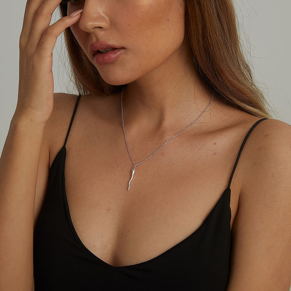 CAROVO Silver Italian Horn Necklace for Women Cornicello Protection Necklace Charm Lucky Talisman Pendant Necklace