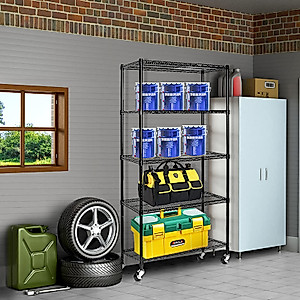 Karl home Heavy Duty 5-Tier Storage Shelving with Wheels, Adjustable Metal Shelves Wire Storage Rack for Garage Kitchen Basement,1100lbs Capacity 35.43" L X 17.72" W X 70.87" H, Black