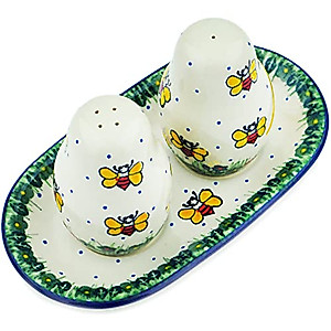 Polish Pottery Salt and Pepper 3-Piece Set made by Ceramika Artystyczna (Bee Happy Theme) Signature UNIKAT + Certificate of Authenticity