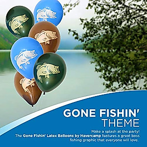 Havercamp 6 Count Gone Fishin' Party Balloons 12" | Latex 3 colors, 6-Pack | Largemouth Bass on Both Sides
