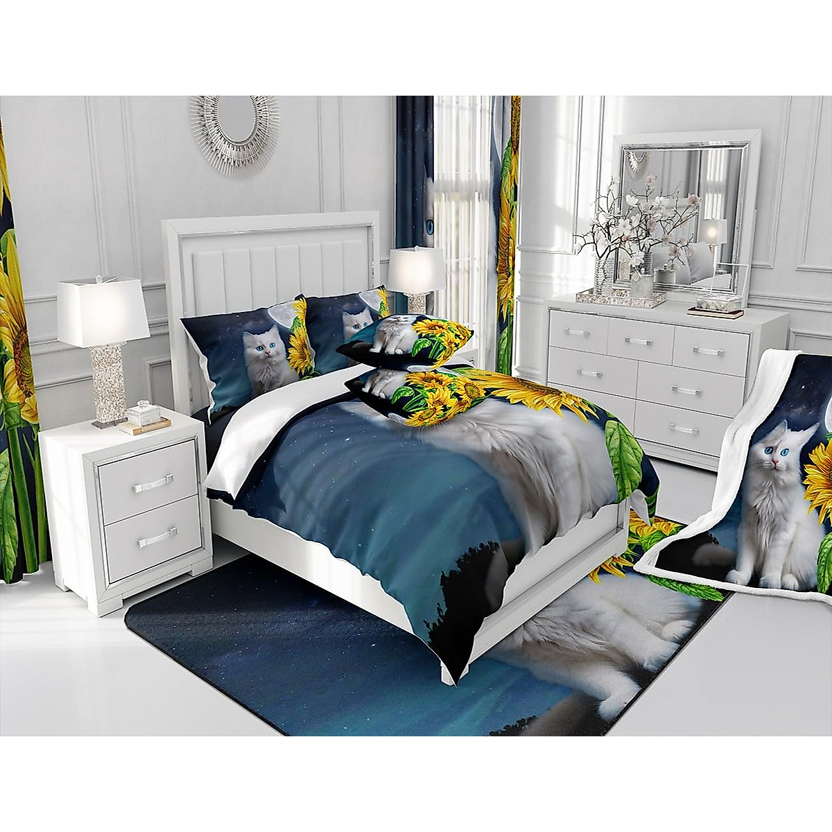 Cute Cat Duvet Cover Set Twin Size,Starry Sky Moon Night Comforter Cover Sunflower Bedding Set 2Pcs for Kids Girls Boys Woman Room Decor,Lovely Pet Animals and Plants Quilt Cover,1 Pillowcase