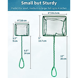 Pawfly 4 & 6 Inch Aquarium Fish Net Set with Braided Metal Handle Square Green Net with Soft Fine Mesh Sludge Food Residue Wastes Skimming Cleaning Net for Fish Tanks Small Koi Ponds and Pools