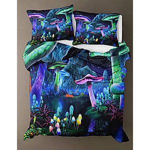 Mushroom Bedding Trippy Mushroom Duvet Cover Set Galaxy Sky Green Purple Mushroom Design Magic Cartoon Bedding Sets King 1 Duvet Cover 2 Pillowcases (King, Mushroom)