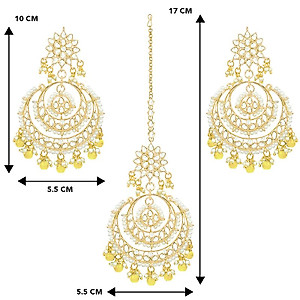 Aheli Bollywood Ethnic Chandbali Style Big Earrings Maang Tikka Set Indian Traditional Bollywood Fashion Jewelry for Women (Yellow)
