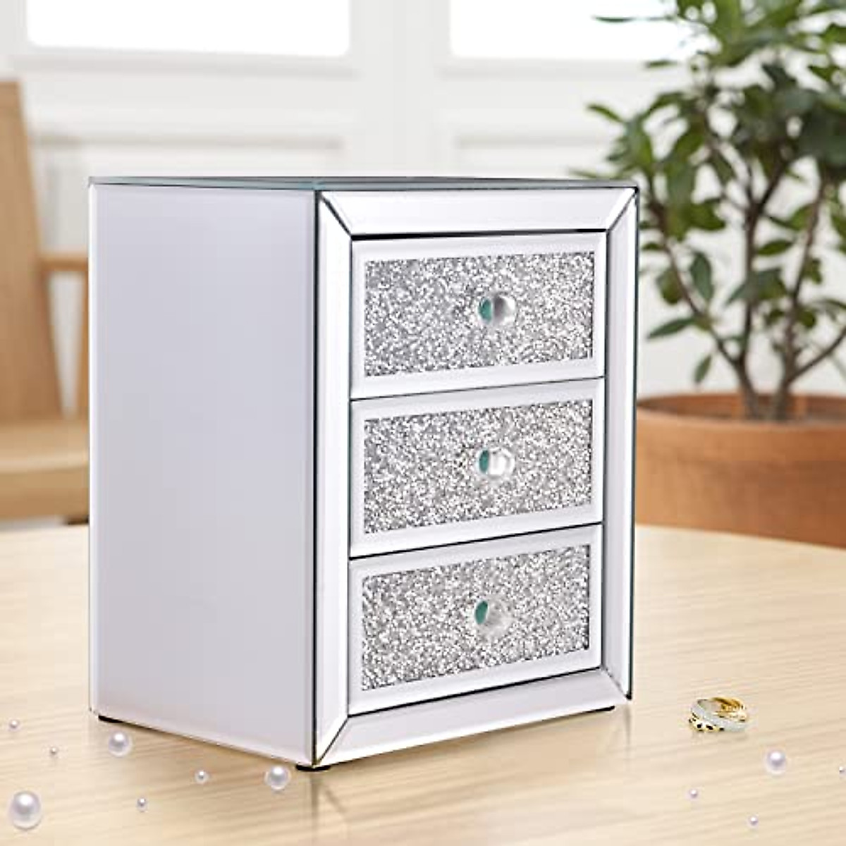 MOMNGNE Mirrored Glass Jewelry Box with 3 Drawer, Multi-layer Crushed Diamond Glass Mirrored Jewelry Box for Women,Mothers Day Gift